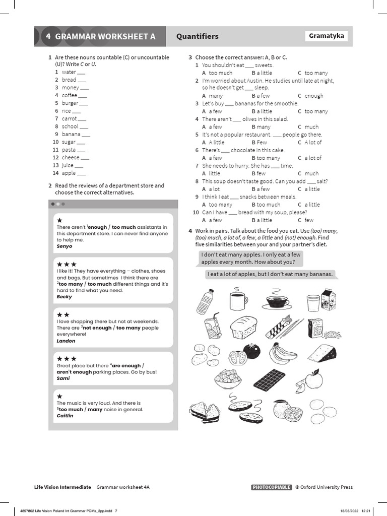 Life Vision Int Gram Worksheet A U4 | PDF | Cooking | Cuisine