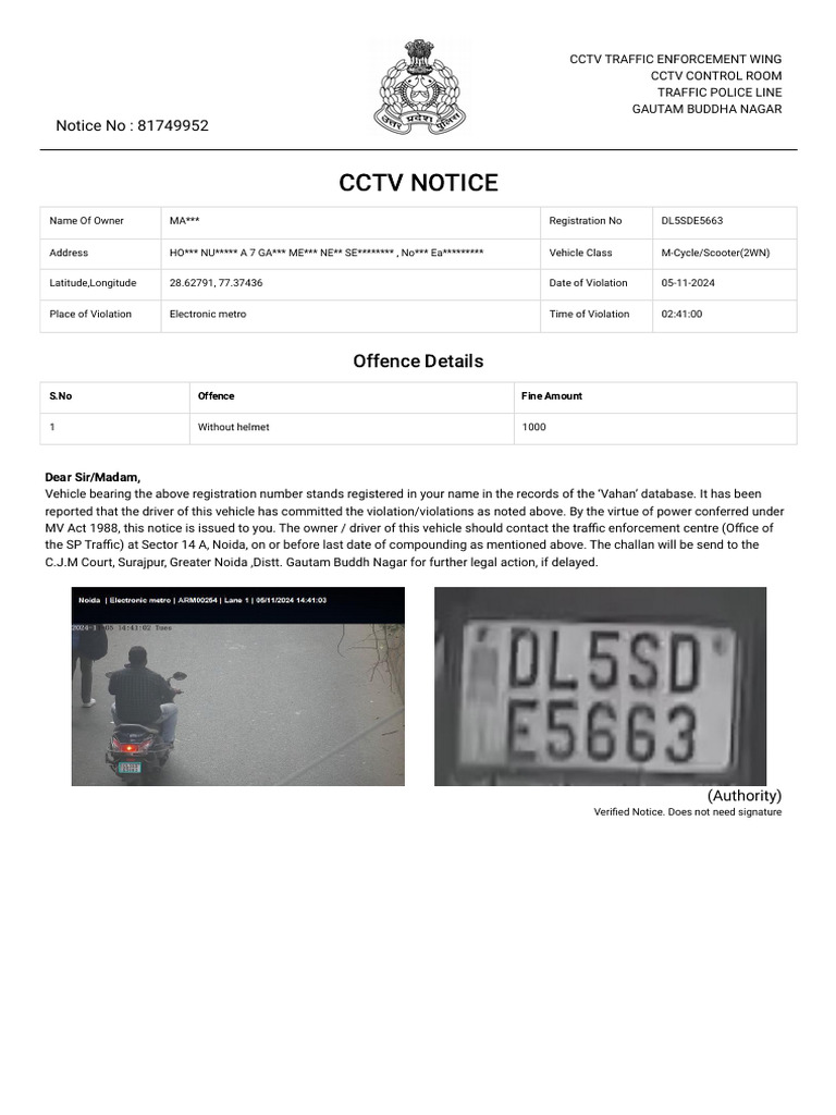 CCTV Violation Notice for Noida Vehicle | PDF