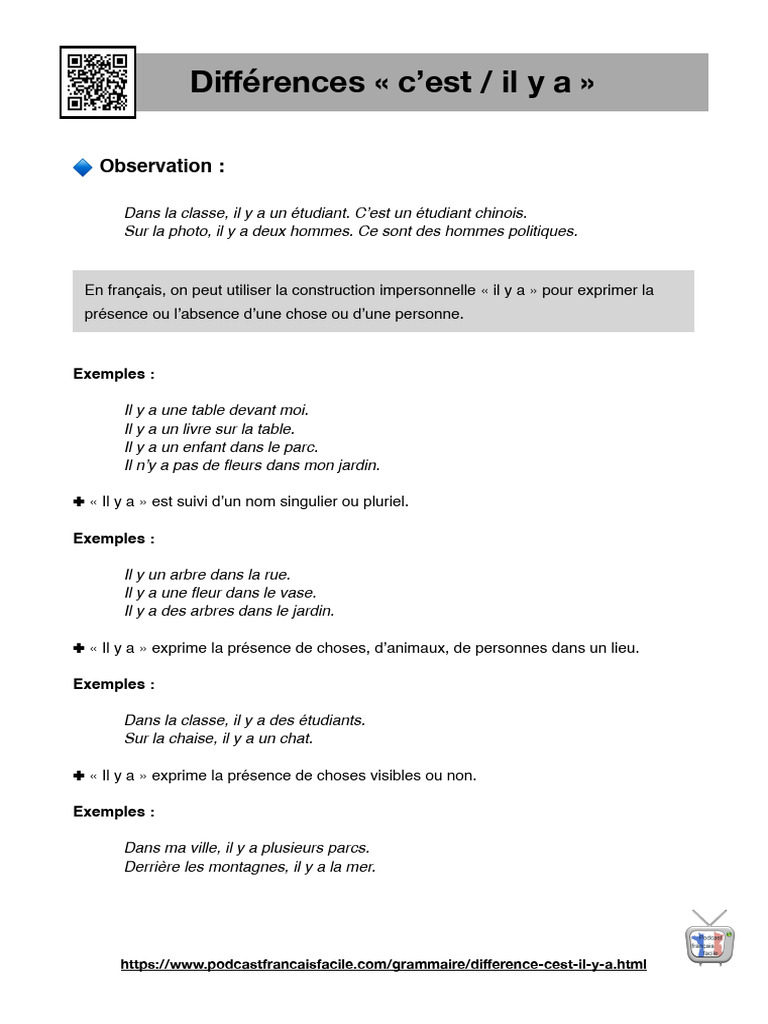 Différences entre "c'est" et "il y a" | PDF