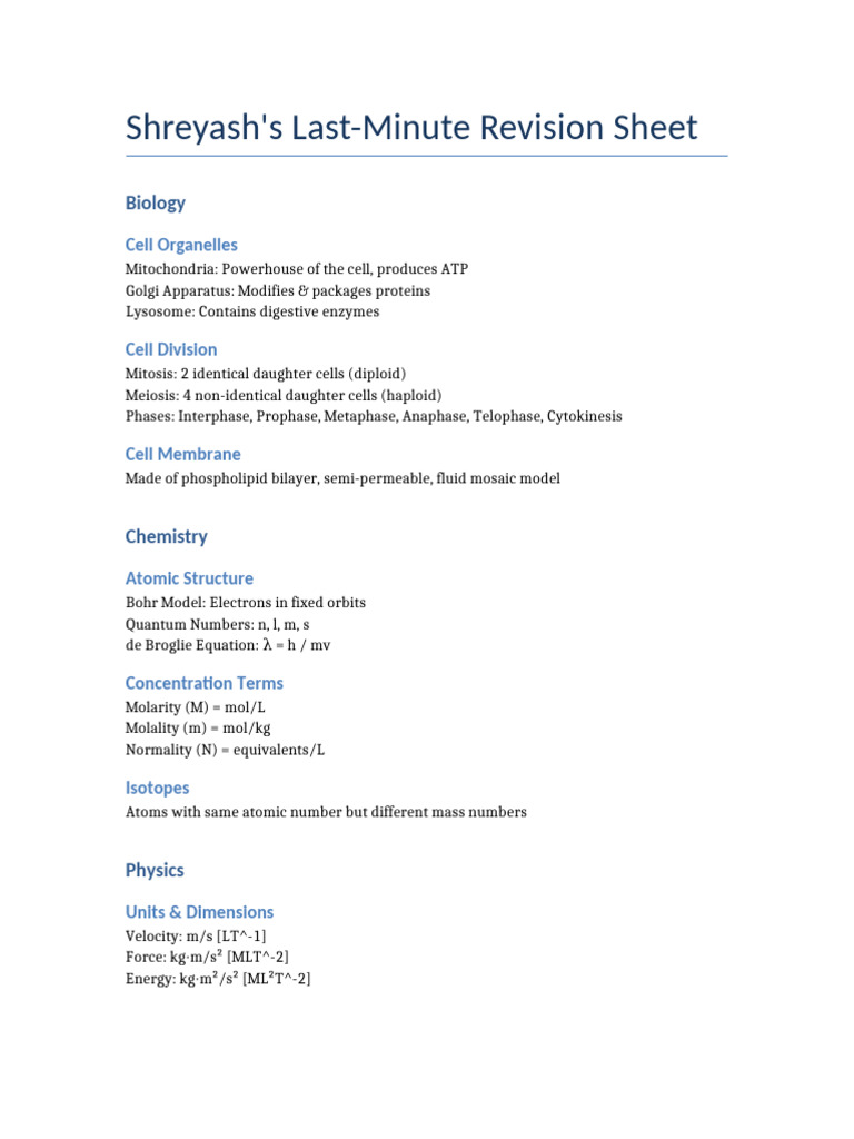 Last Minute Revision Sheet Shreyash | PDF