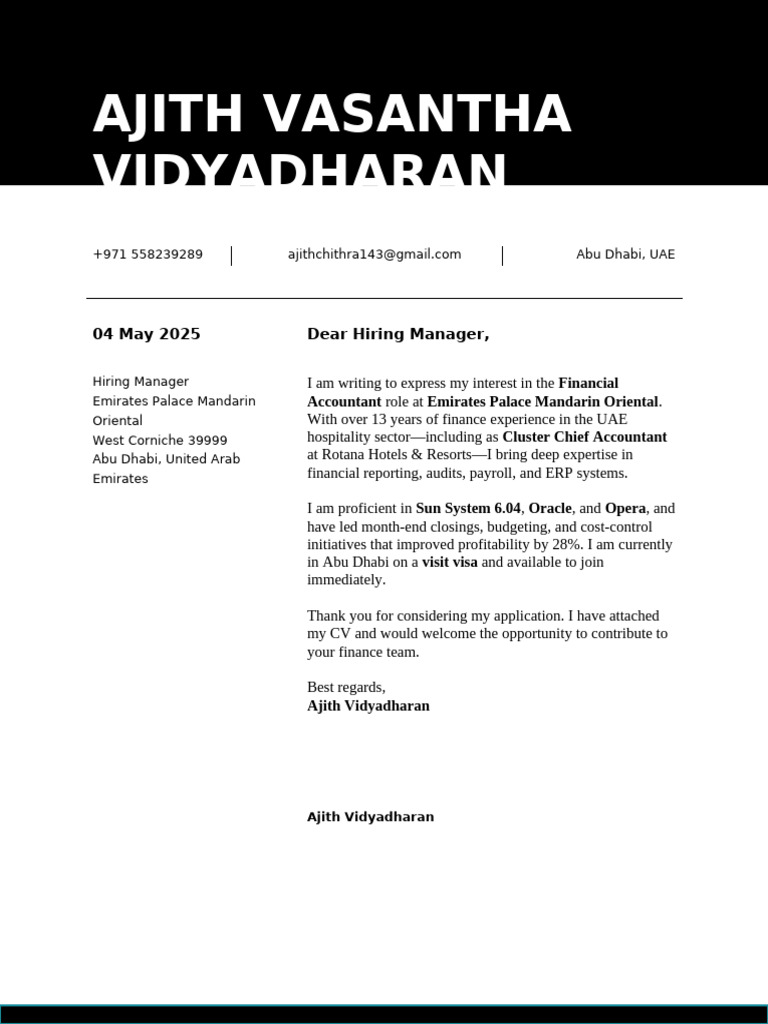 Cover Letter Emirates Palace | PDF