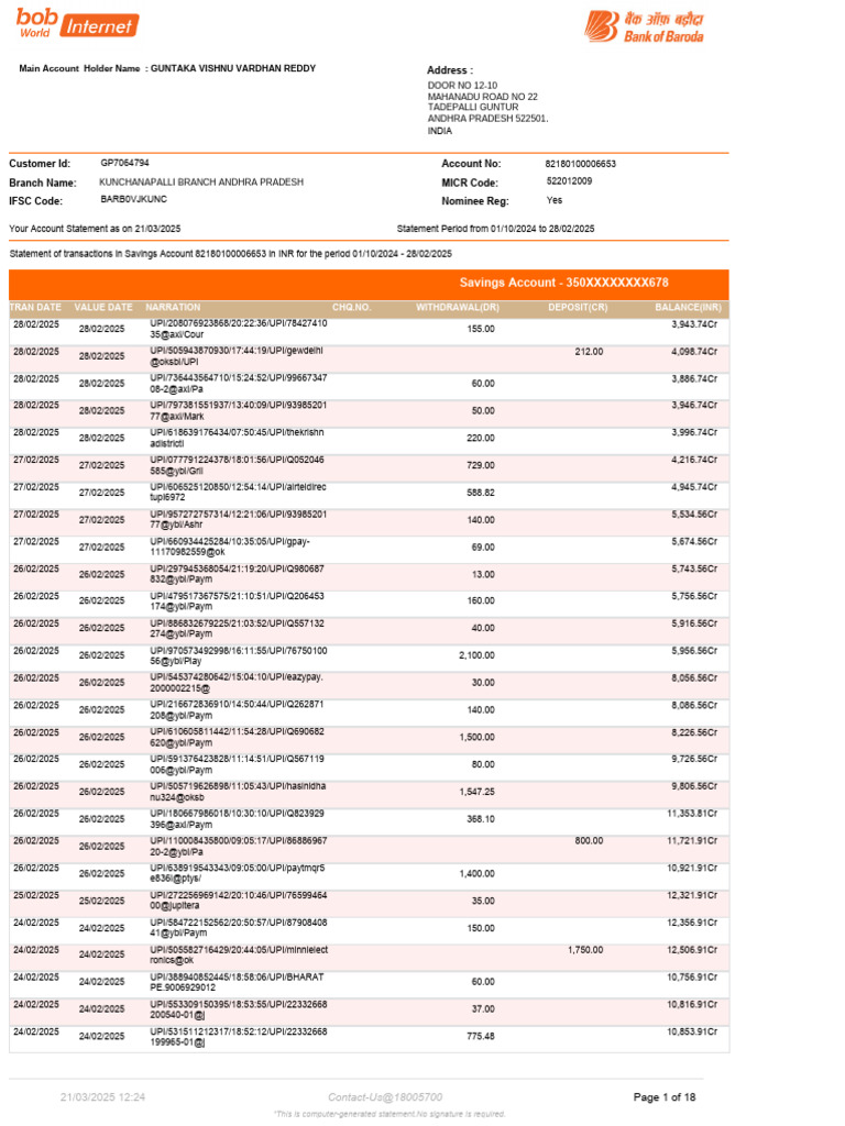 BOB AC (1) Guntur | PDF | Mobile Technology | Reserve Bank Of India