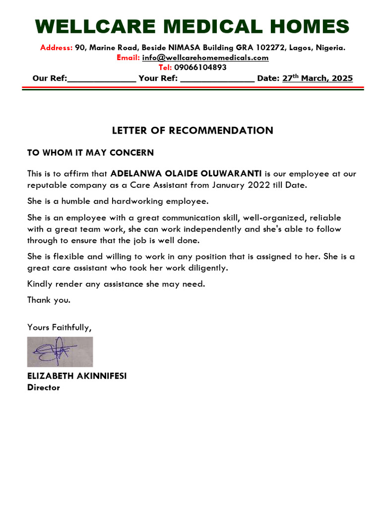Recommendation for Care Assistant Role | PDF