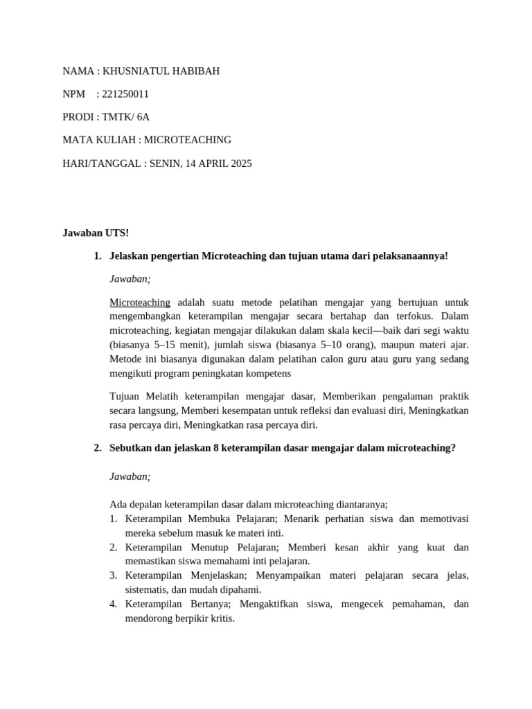 Jawaban Dan Soal Uts Microteaching | PDF