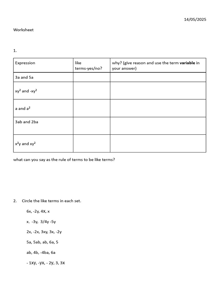 Identifying and Simplifying Like Terms | PDF
