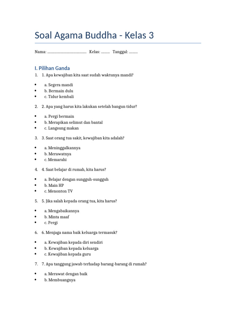 Soal Agama Buddha Kelas 3 SD Semester 1 | PDF