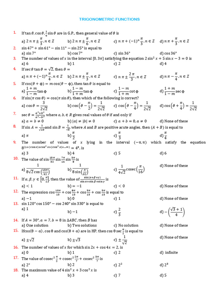11 TRIGNOMETRIC FUNCTIONS QUESTIONS | PDF | Trigonometric Functions | Pi