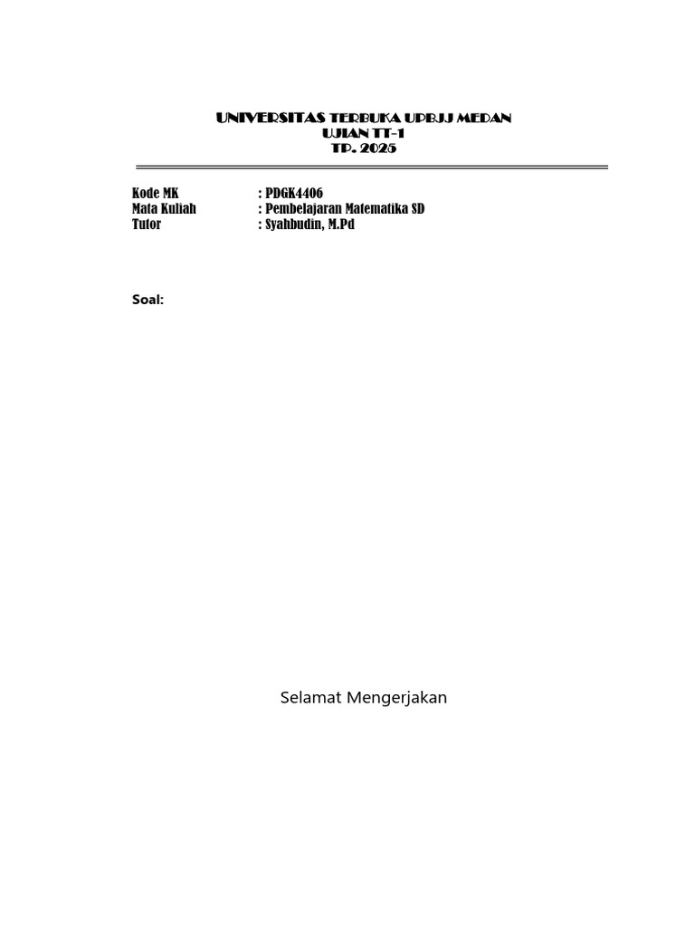 Soal TT1 PDGK4406 Pemb. Matematika SD | PDF