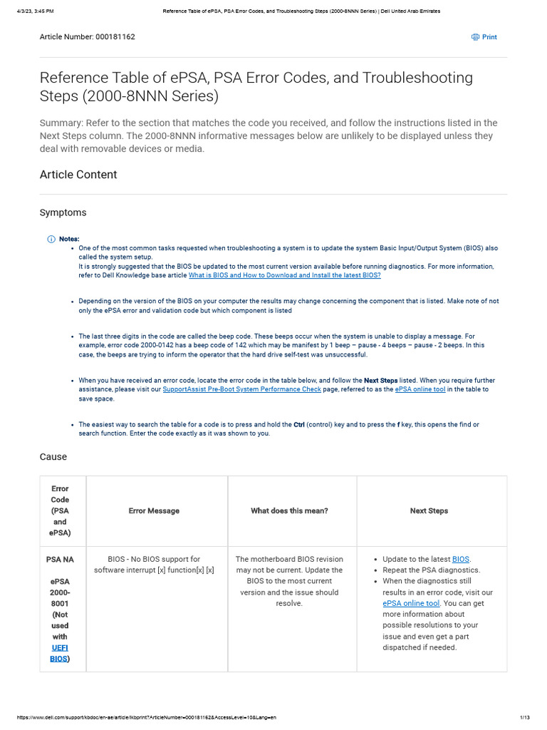 Reference Table of ePSA, PSA Error Codes, and Troubleshooting Steps ...