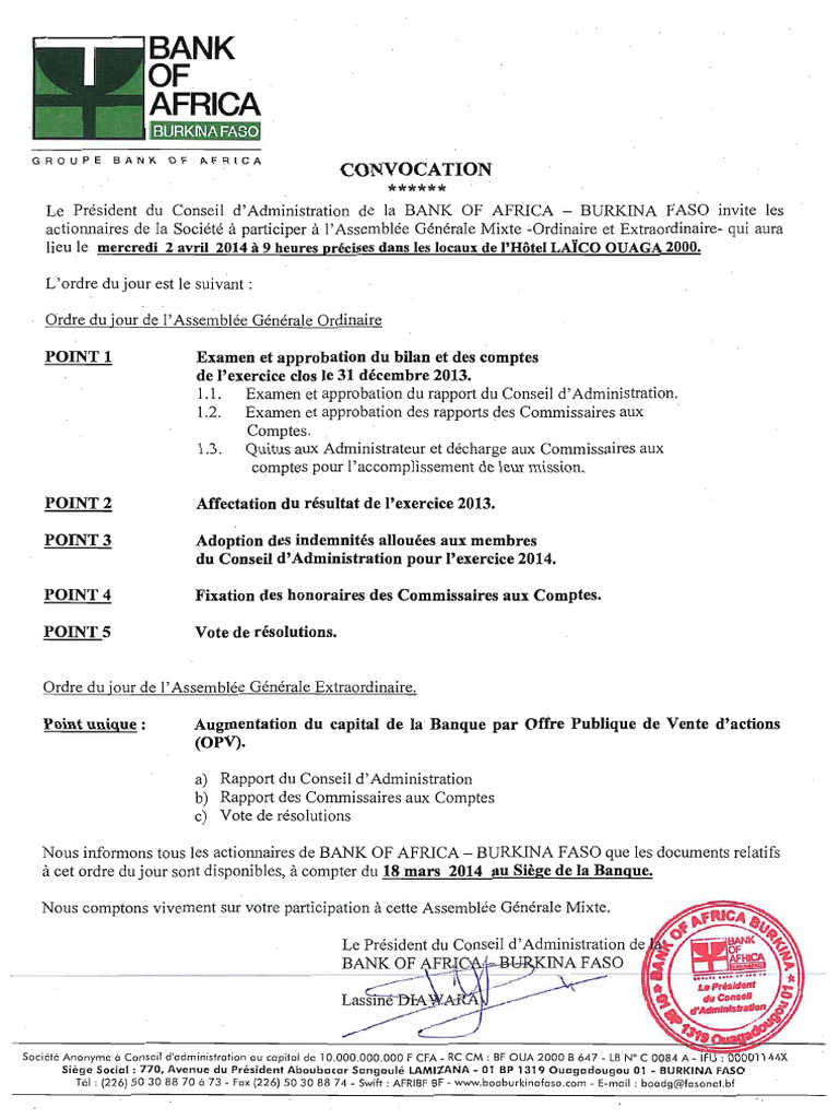 Avis-Convocation-AGM-BOA-BURKINA-FASO | PDF