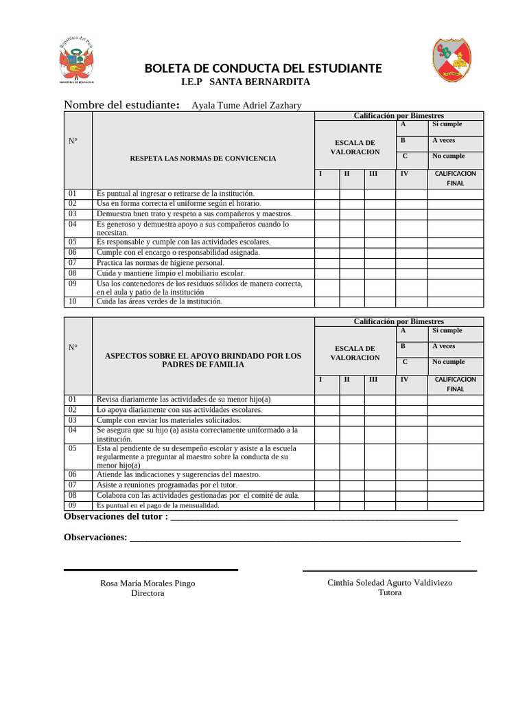 Boleta de Conducta Estudiantil 2023 | PDF