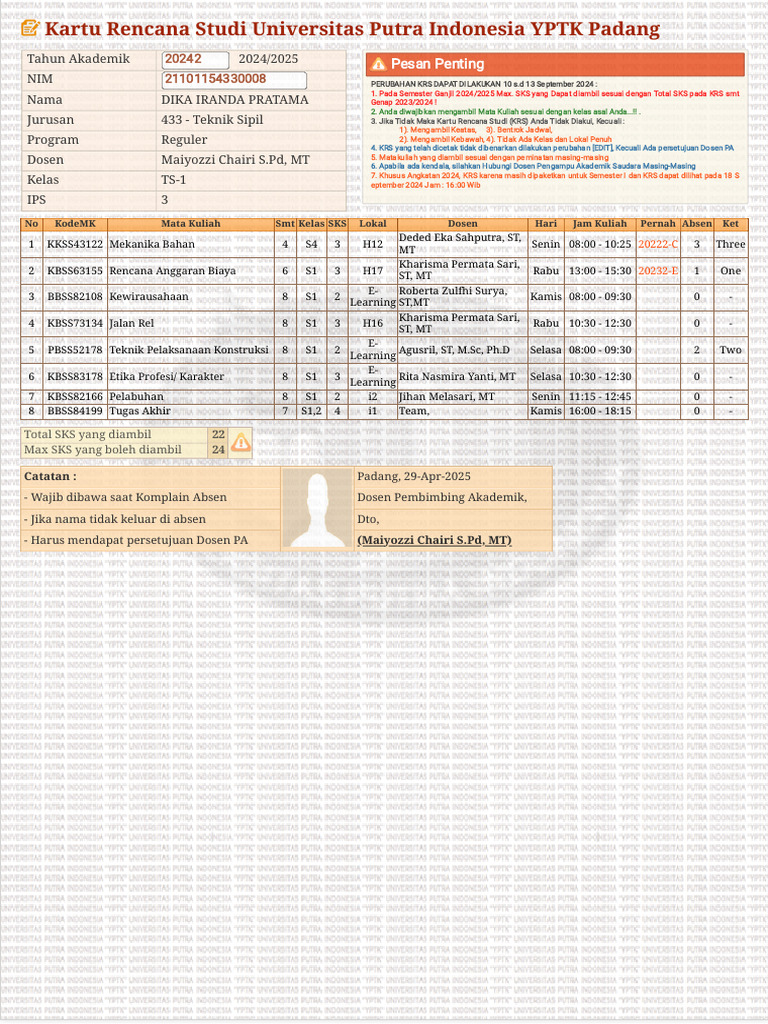 Print Kartu Rencana Studi (KRS) Mahasiswa | PDF