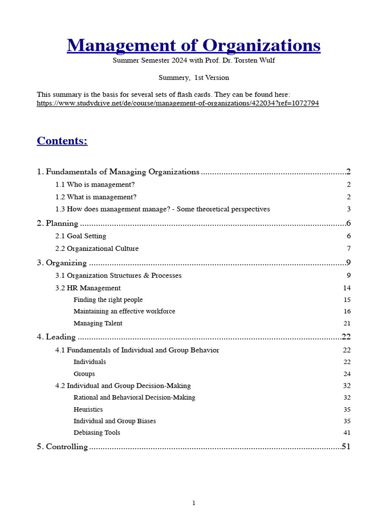Management of Organizations Summary 2024 | PDF | Organizational Culture ...