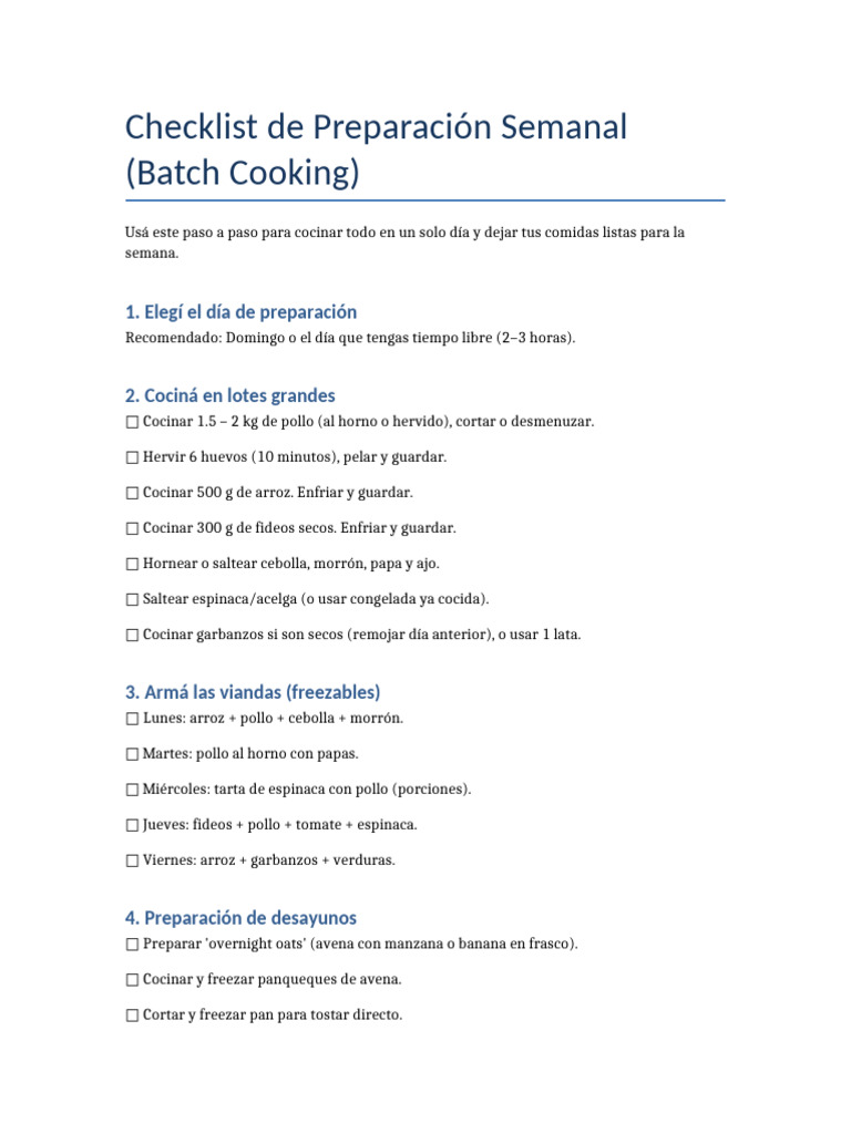 Checklist Batch Cooking Semanal | PDF