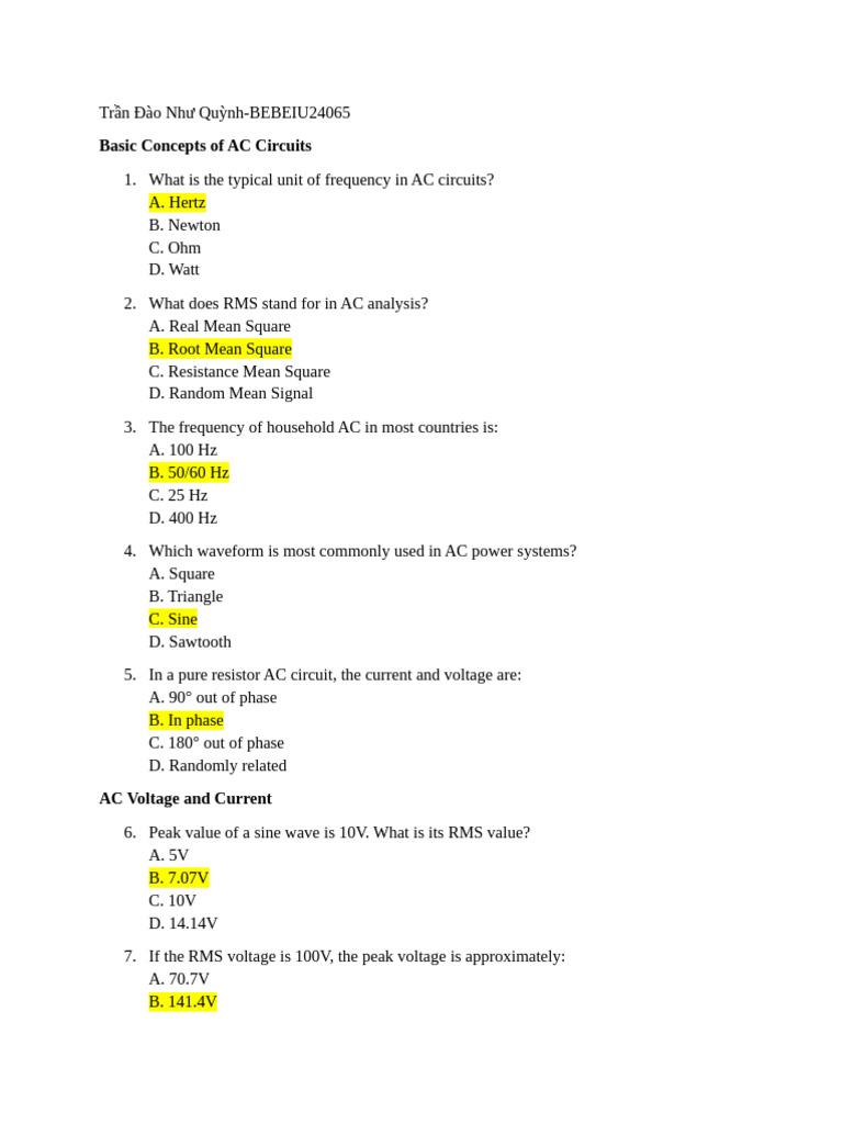 AC Circuit Concepts and MCQs | PDF | Electrical Impedance | Ac Power