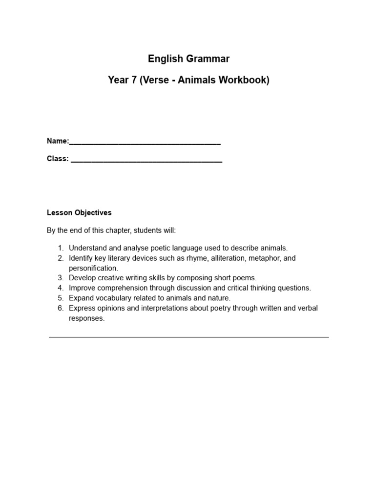 Year 7 English Grammar Work Book | PDF | Poetry