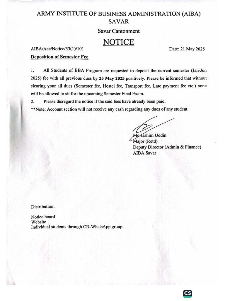Notice For BBA Semester Fee | PDF