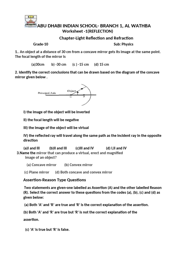 Work Sheet GRADE - 10 2025-26 | PDF | Mirror | Electromagnetic Spectrum