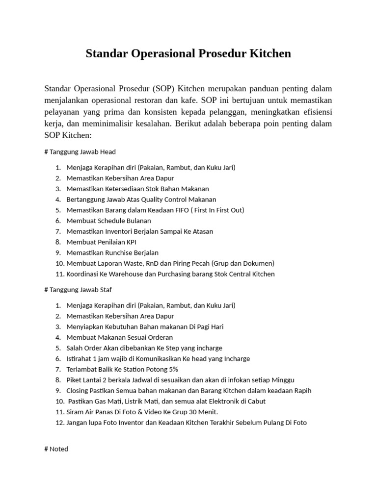 SOP Kitchen untuk Restoran dan Kafe | PDF