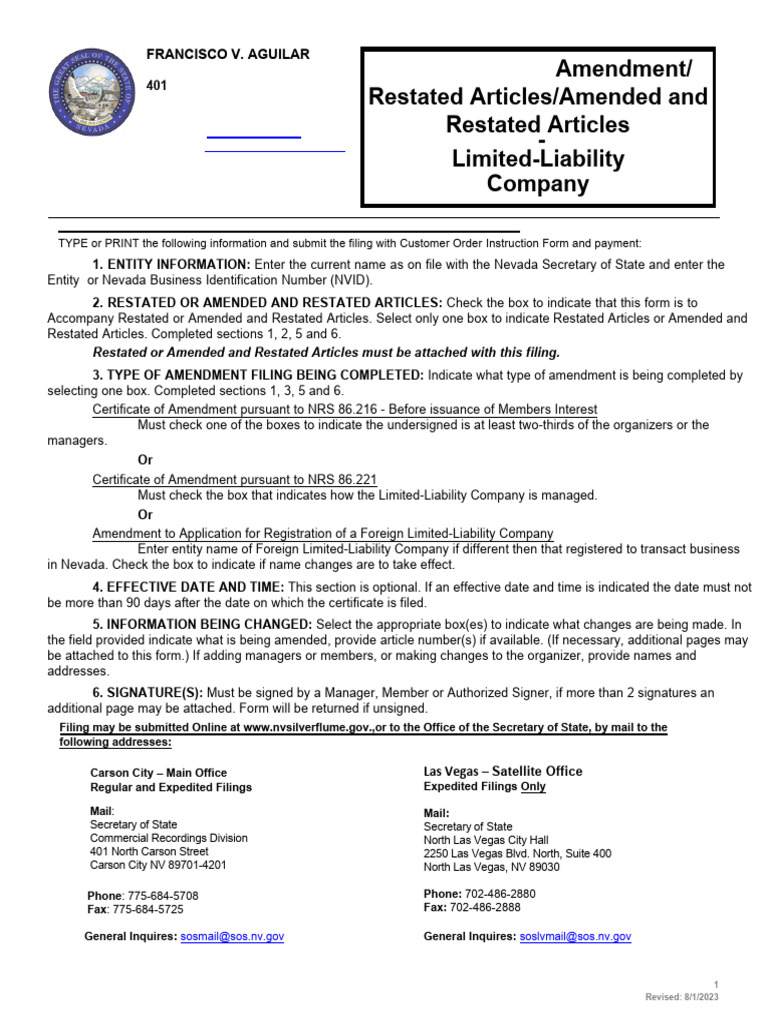 Nevada LLC Amendment Instructions | PDF | Credit Card | Registered Agent