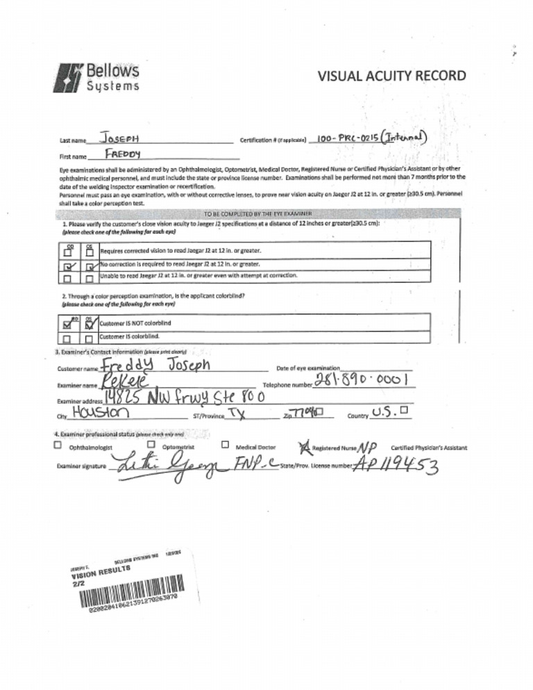 Visual Acuity Record-Freddy Joseph | PDF