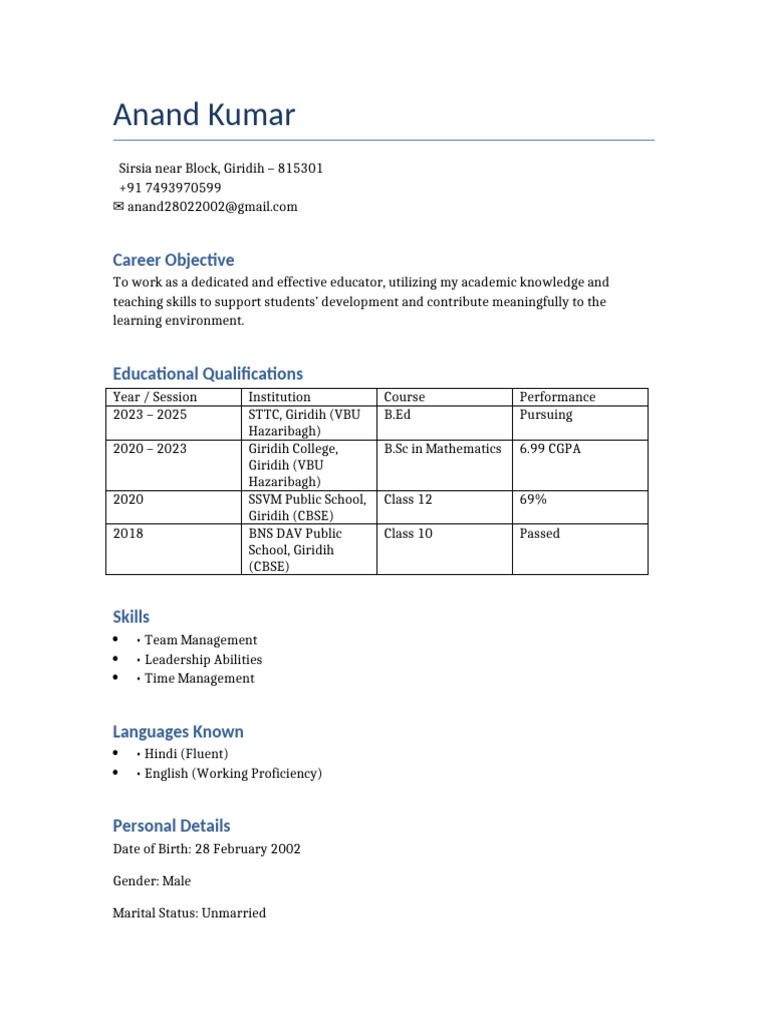 Anand Kumar Resume With Experience | PDF