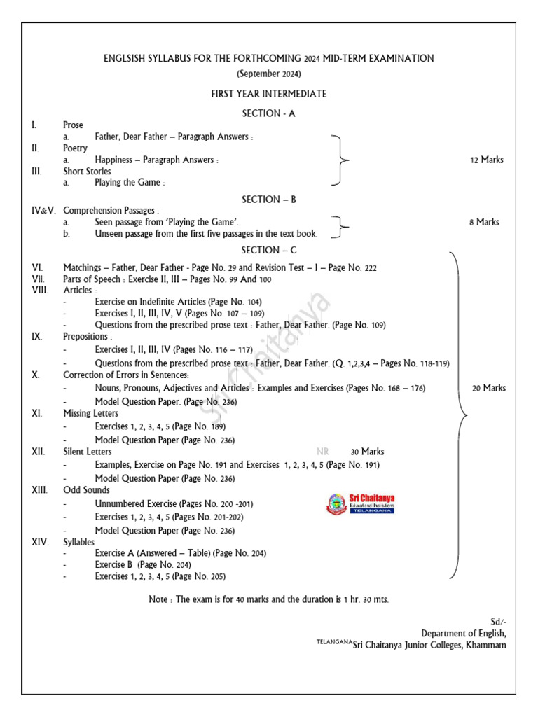 SR & JR English Mid Term-1 Syllabus | PDF | Part Of Speech | Linguistics