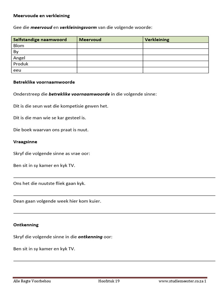 Meer, Verklein, Voornaam, Vraagsin, Ontkenning | PDF