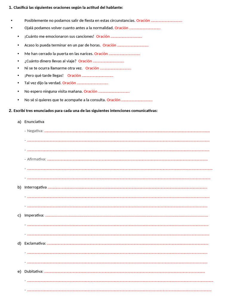 2 TIPOS DE ORACIONES Actividad | PDF | Oración (Lingüística)