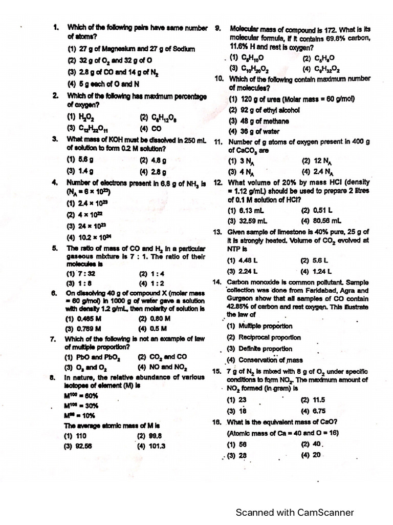 Mole Concept and Stoichiometry Worksheet | PDF