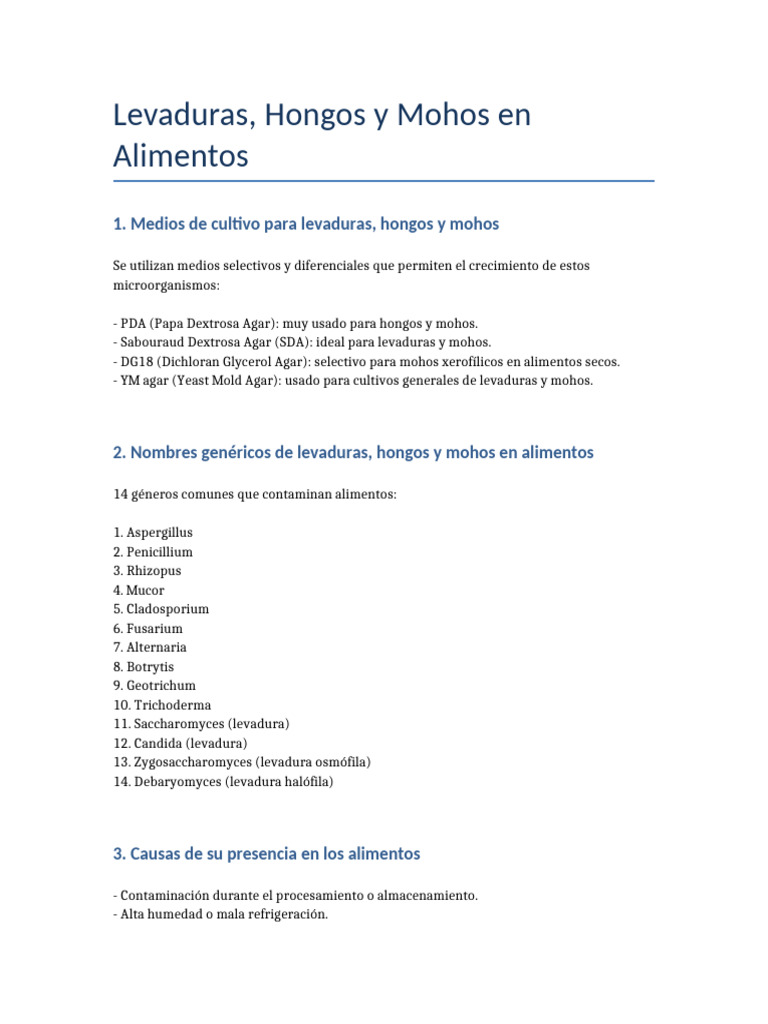 Levaduras Hongos Mohos Alimentos | PDF