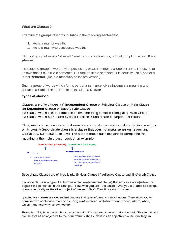 Clauses notes & Exercises | PDF | Clause | Subject (Grammar)