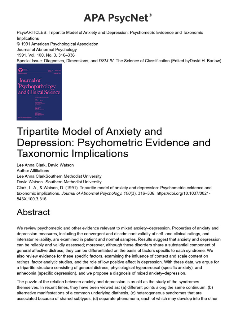 Tripartite Model of Anxiety and Depression | PDF | Validity (Statistics ...