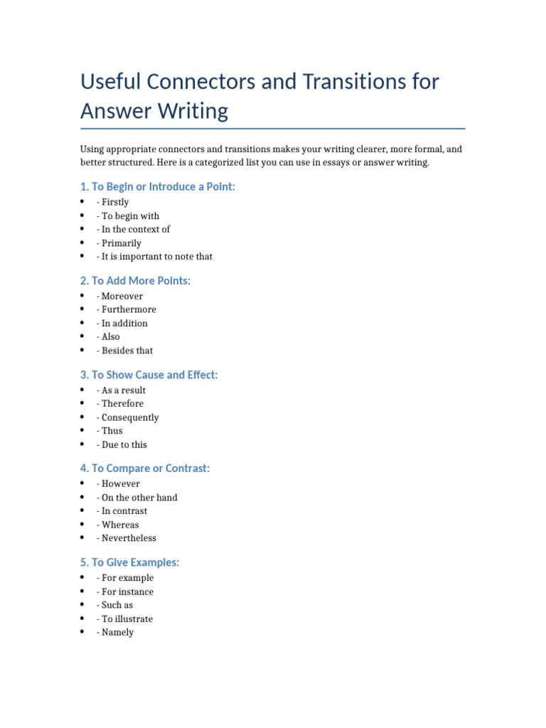 Connectors and Transitions For Answer Writing | PDF