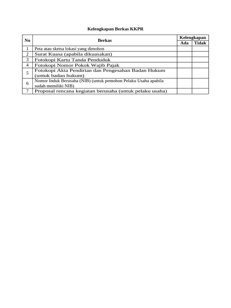 Ceklis Kelengkapan Berkas KKPR (2) | PDF
