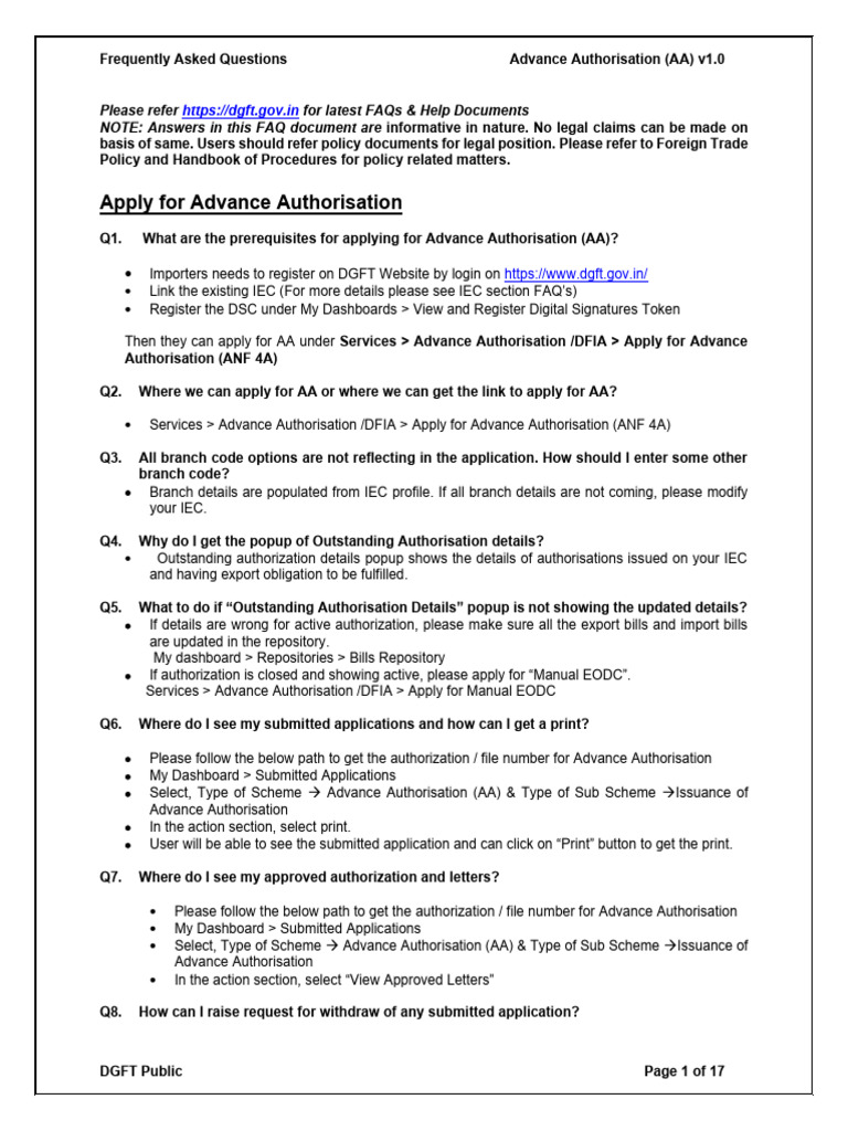 DGFT FAQs - Advance Authorisation v1.0 | PDF | Currency