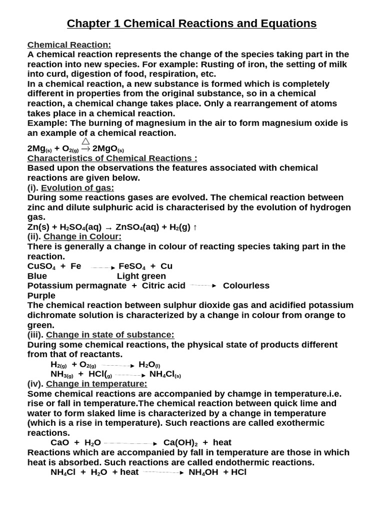 Chapter 1 Chemical Reactions and Equations Class X | PDF | Chemical ...