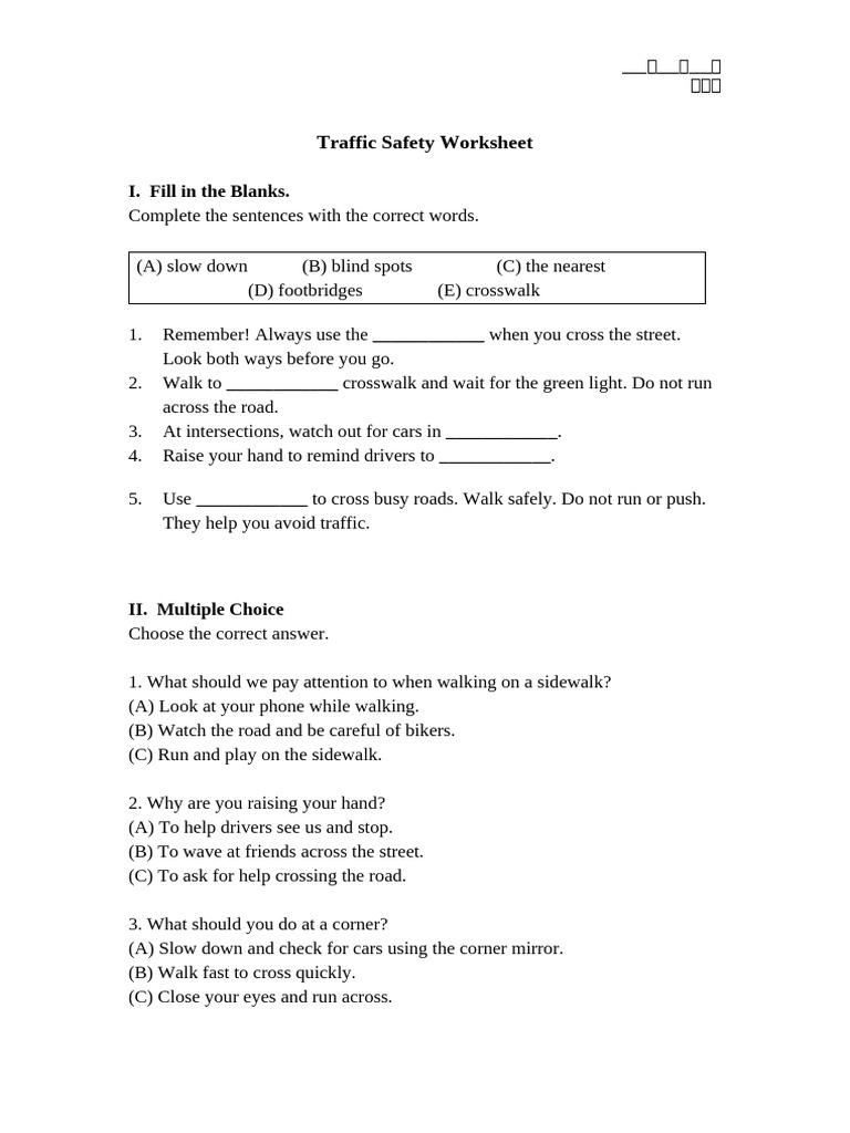 Traffic Safety Worksheet | PDF