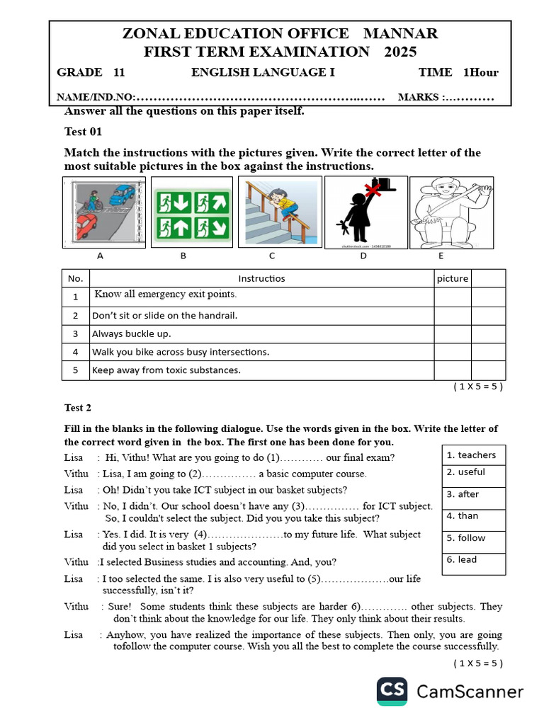 English - Grade 11 - First Term Test 2025 - Paper 1 - Mannar | PDF