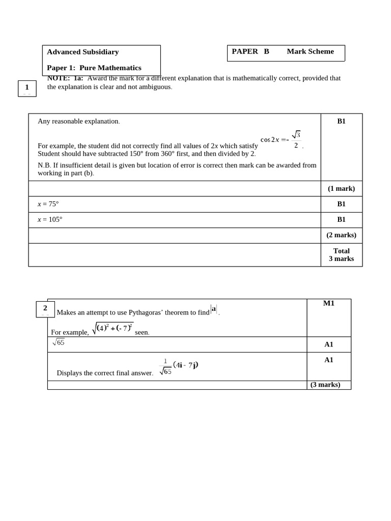 Advanced Mathematics Mark Scheme | PDF | Quadratic Equation | Cartesian ...