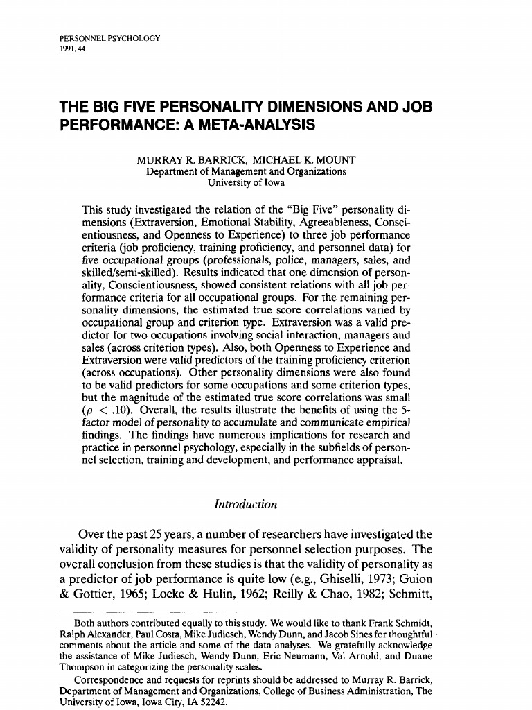 Barrick, Mount 1991 - The Big Five Personality Dimensions and Job ...