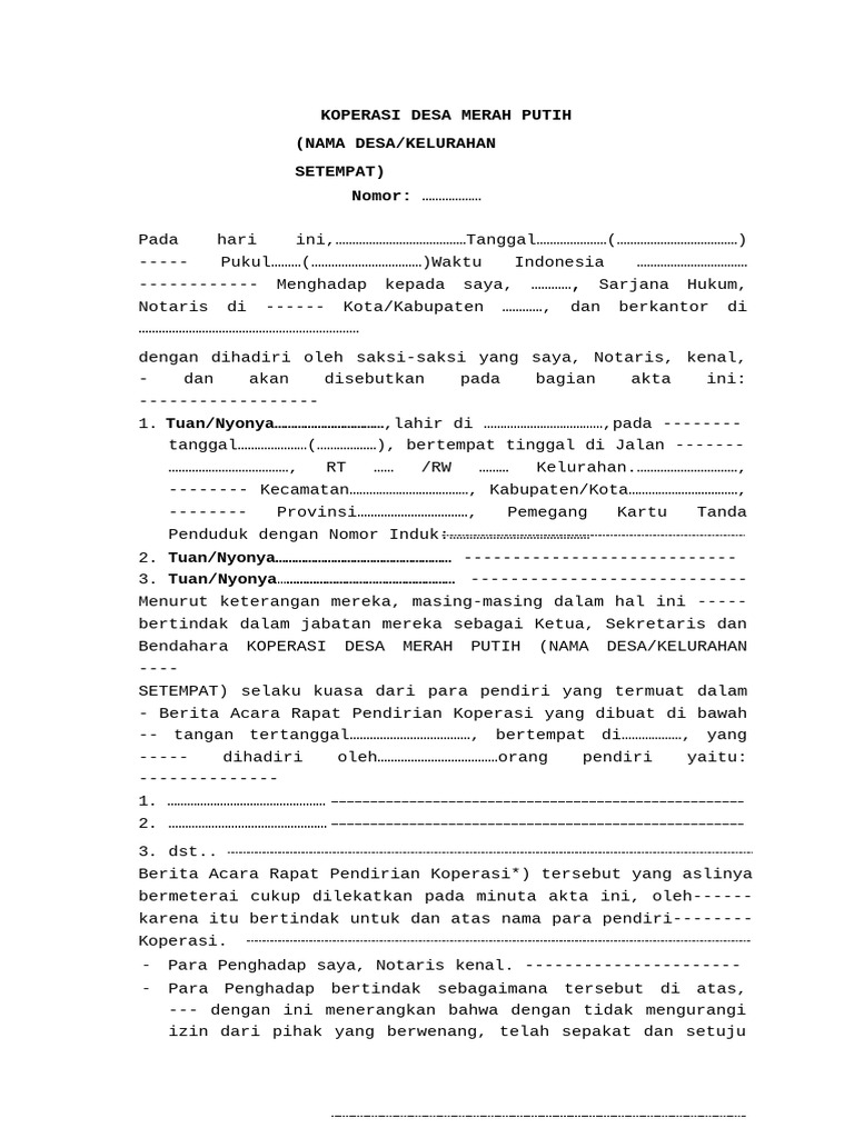 Contoh Akta Notaris Koperasi Merah Putih | PDF
