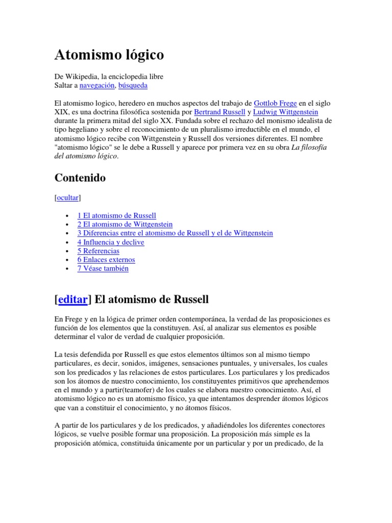 Atomismo lógico: Russell y Wittgenstein | PDF | Filosofía contemporánea ...