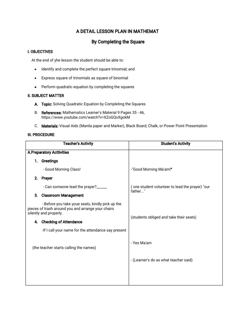 Copy of GLYDELLE GRACE BESENIO , DETAILED LESSON PLAN IN MATHEMATICS 9 | PDF | Factorization ...