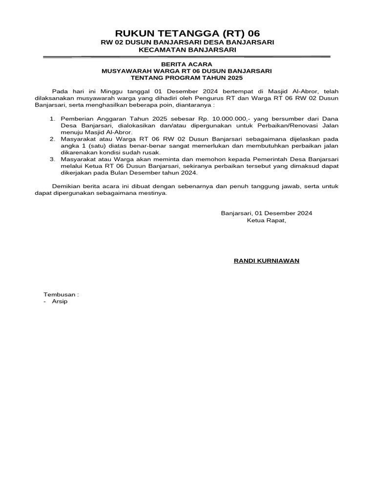 Berita Acara Musyawarah Warga RT 06 Banjarsari | PDF