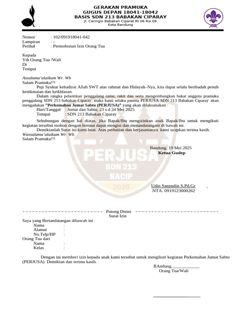 Surat Izin Orang Tua untuk PERJUSA Pramuka | PDF
