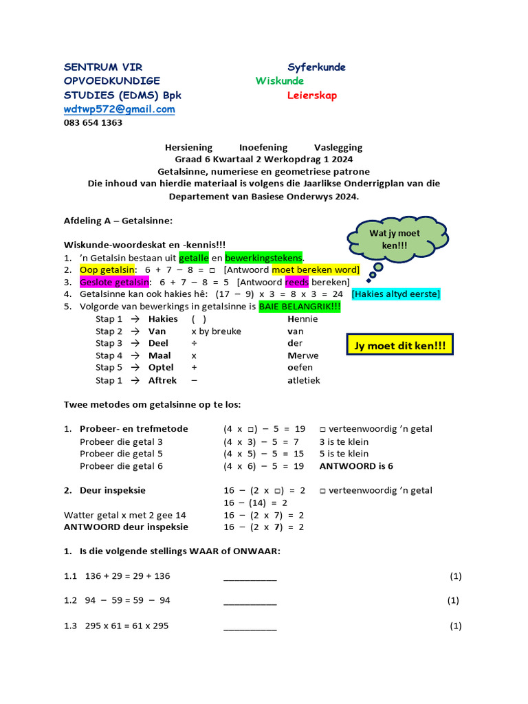 Graad 6 - Werkopdrag 1 Getalsinne Numeriese en Geometriese Patrone | PDF