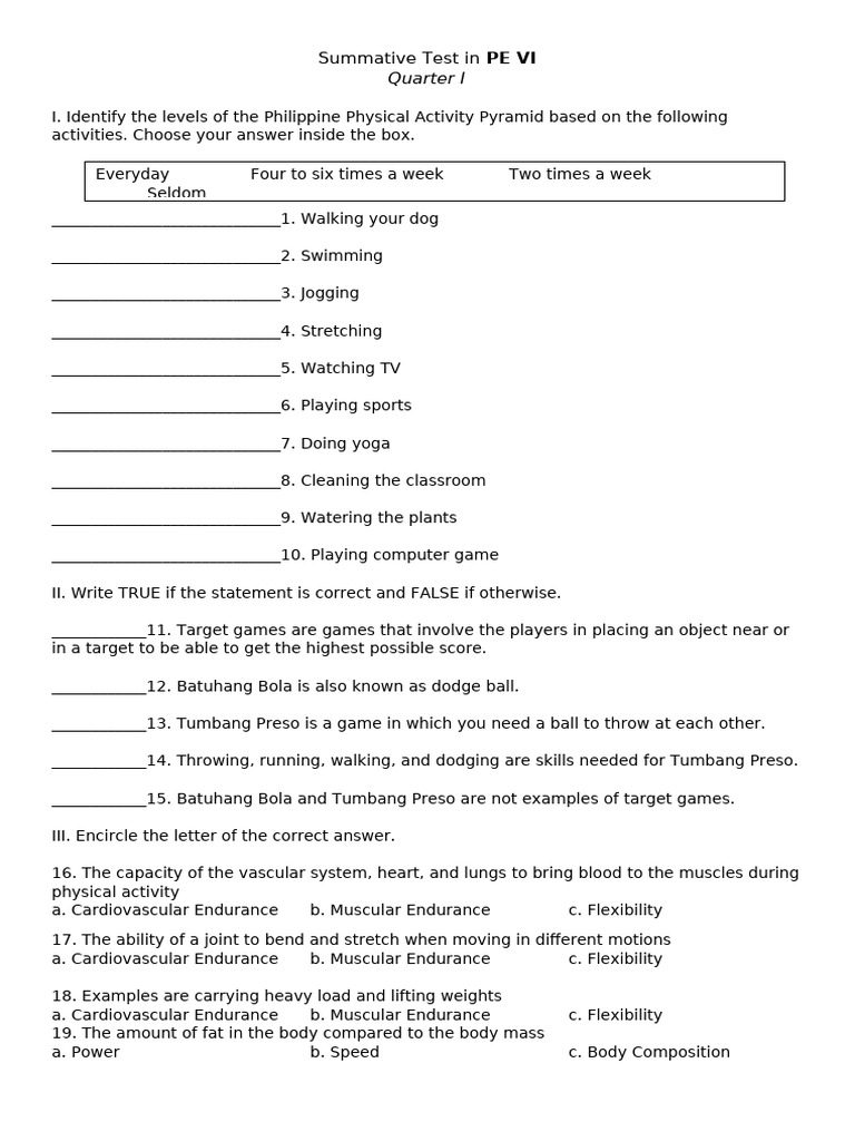Summative Test in PE VI - Q1 | PDF | Flexibility (Anatomy) | Skeletal ...