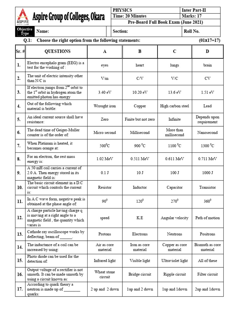 Physics Part 2 Pre Board | PDF | Electron | Inductance
