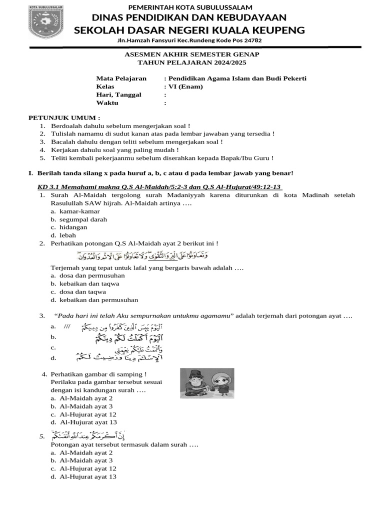 Soal Asesmen 2 Mapel PAI Kelas 6 | PDF